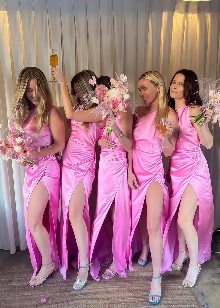 Yedda | Seriously Sensational Sheath Pleated Pink Satin Maxi Bridesmaid ...